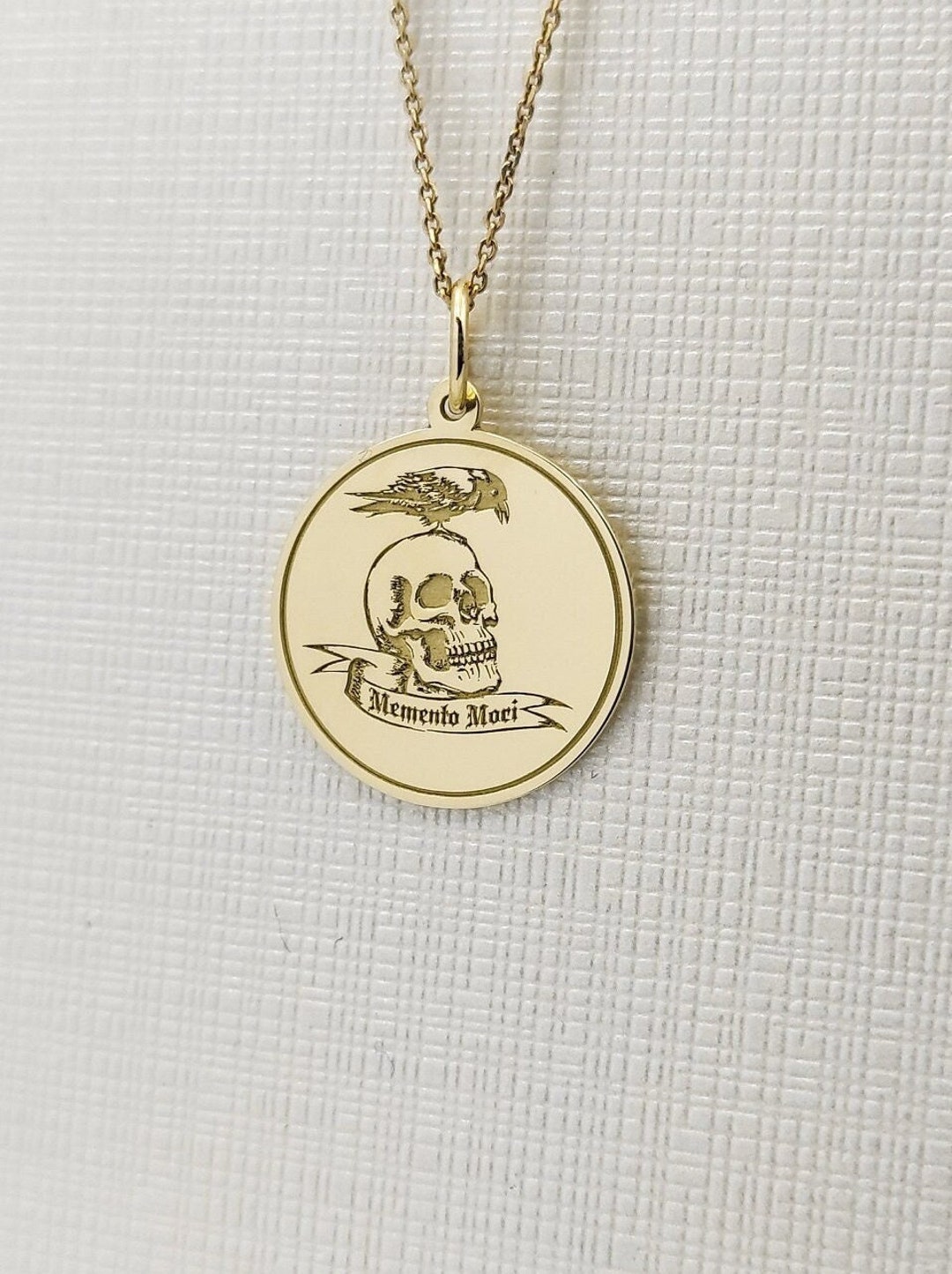 14K Solid Gold Memento Mori Pendant, Stoicism Gold Disc Necklace ...