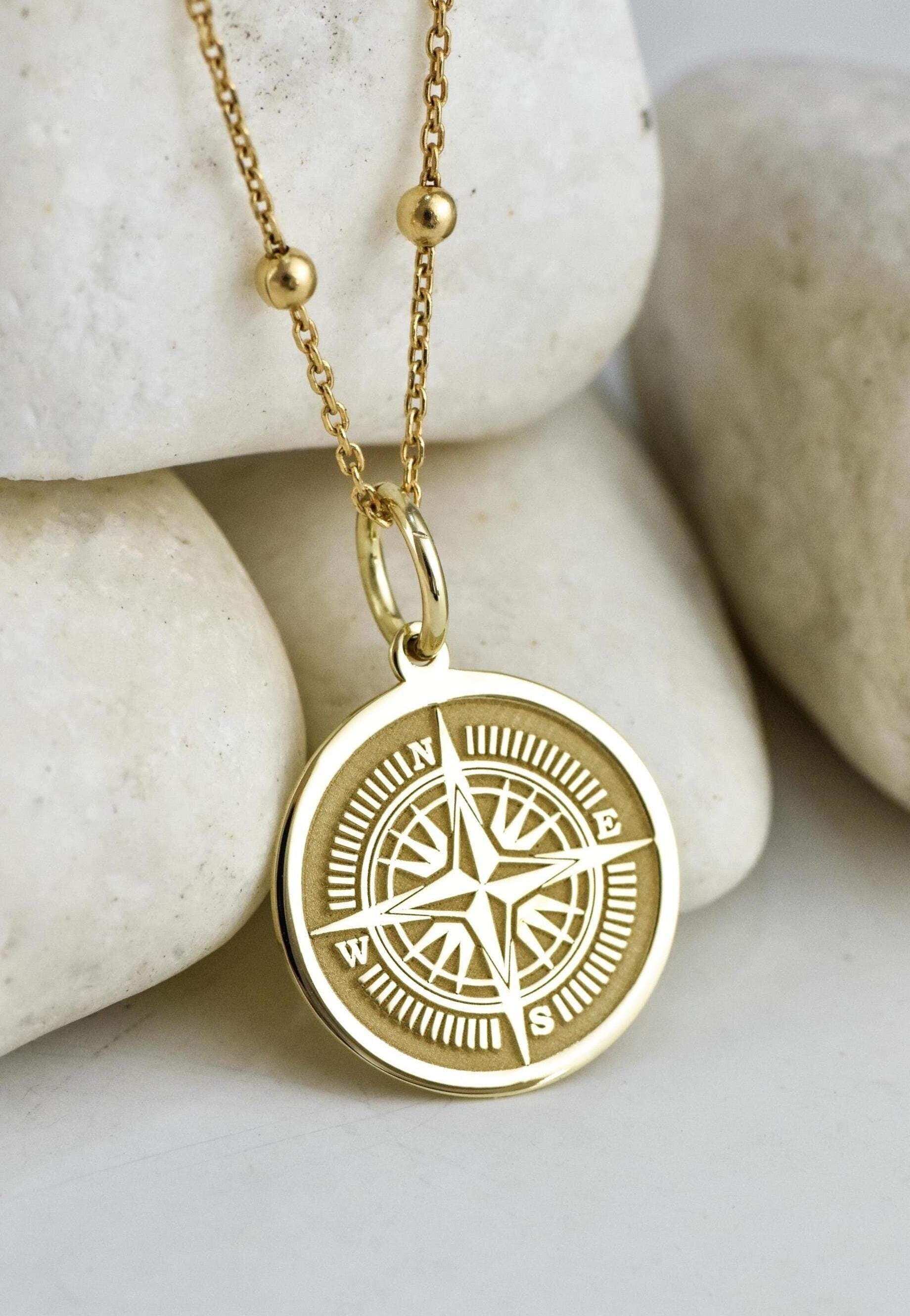 14K Solid Gold Compass Necklace, Life Compass Medallion, Personalized ...