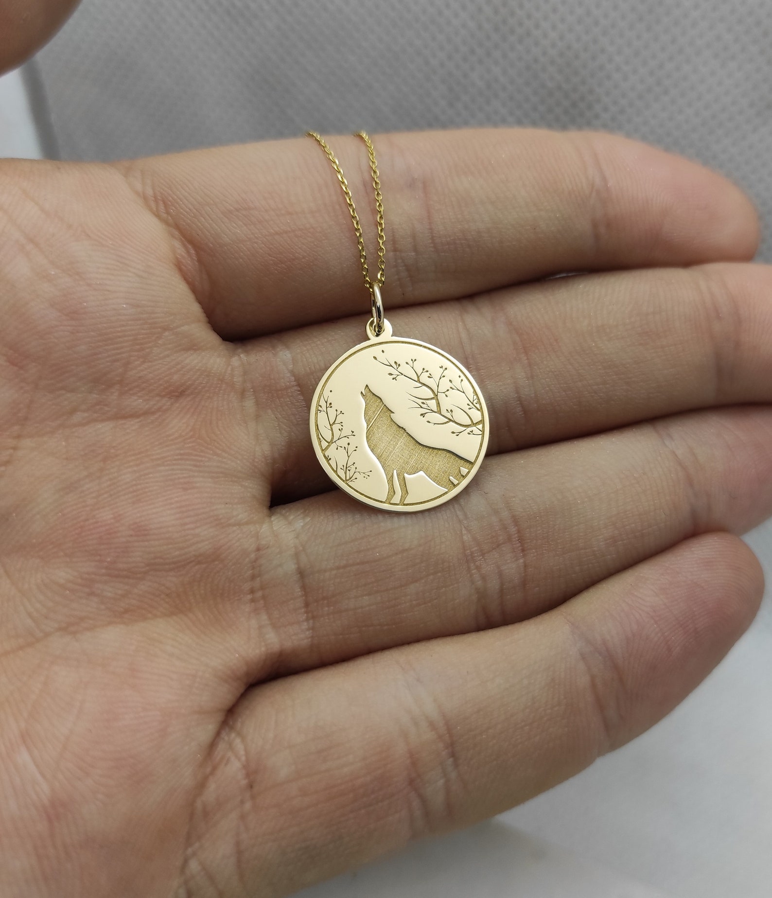 Gold Wolf Necklace, 14K Solid Gold Pendant, Howling Wolf Charm, Wild ...