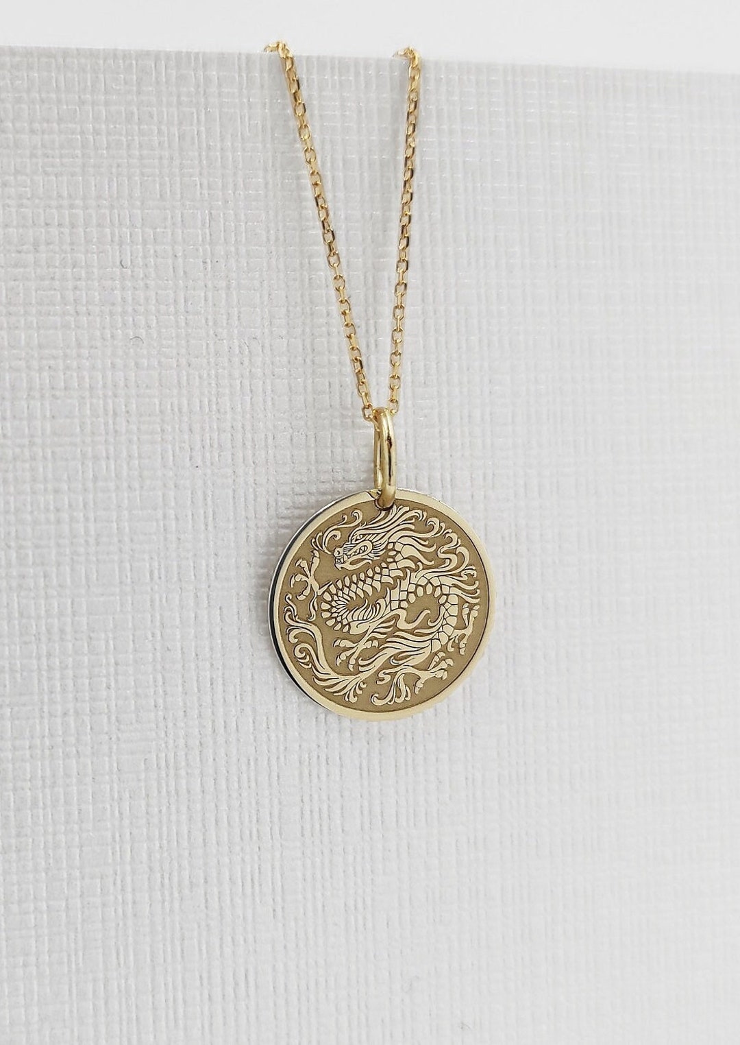 14K Solid Gold Chinese Dragon Pendant, Gold Chinese Mythology Necklace ...
