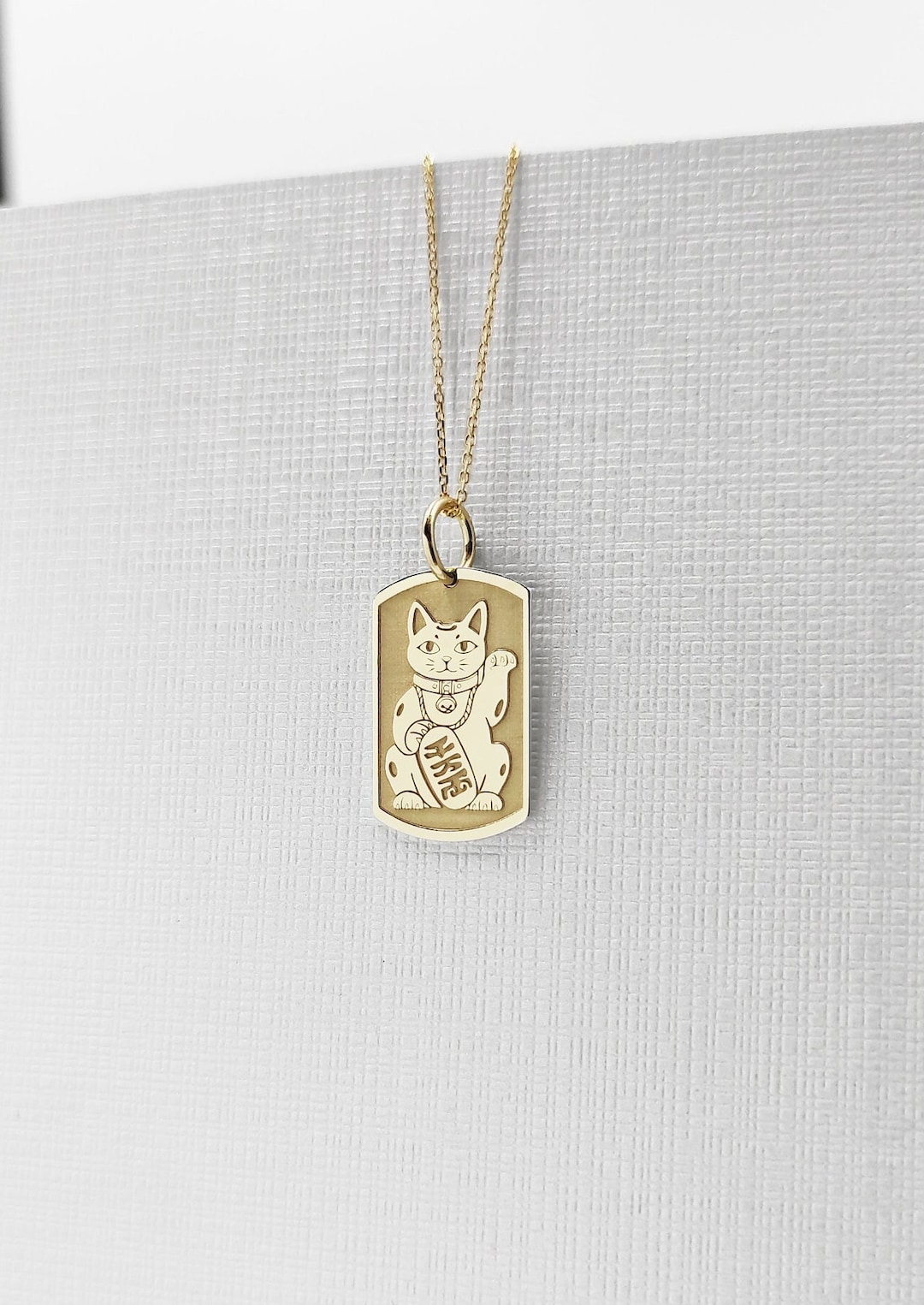 14K Solid Gold Maneki Neko Tag Pendant, Gold Asian Cat Pendant ...