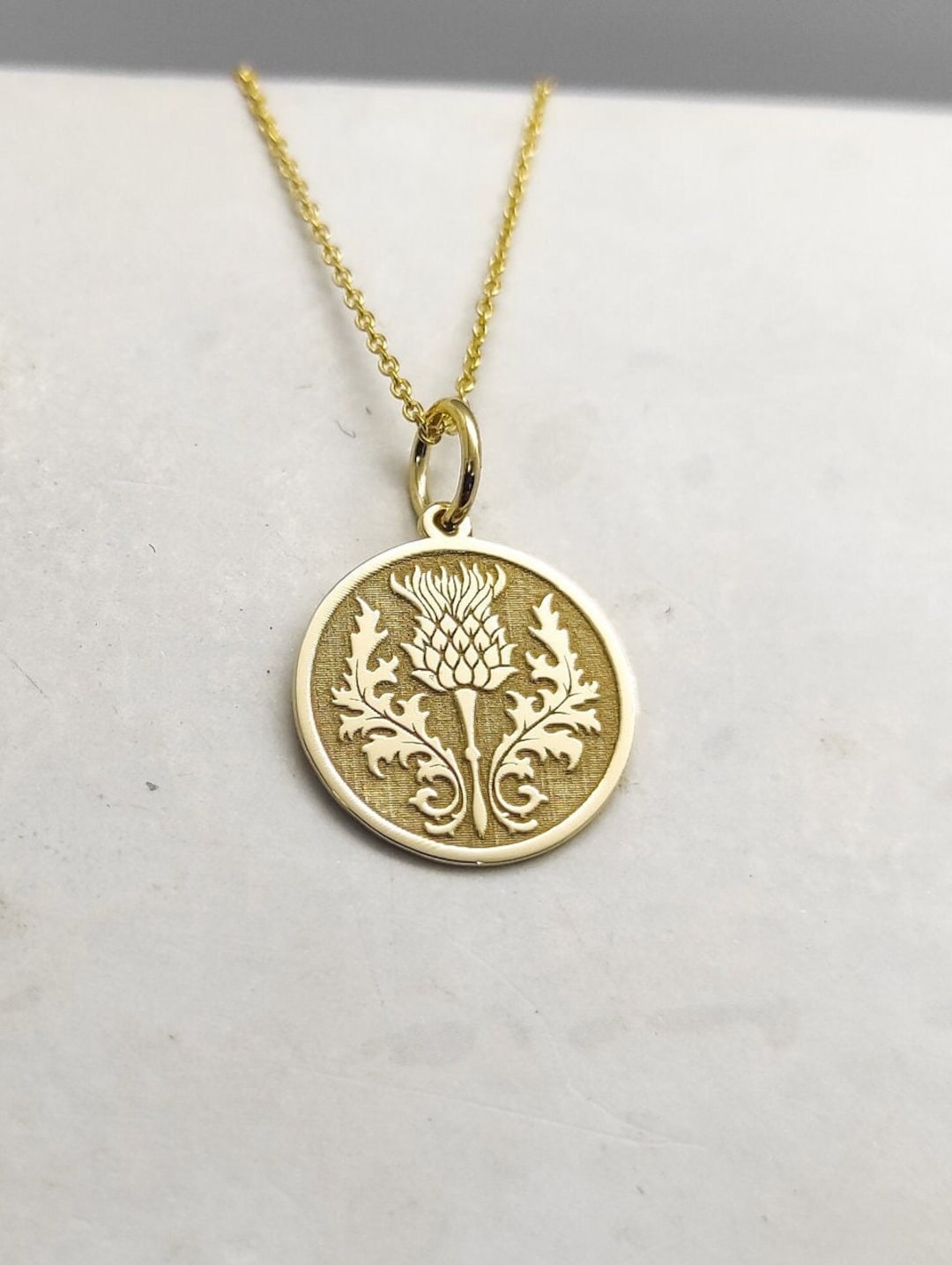 14K Solid Gold Thistle Necklace, Gold Round Scottish Thistle Jewelry ...