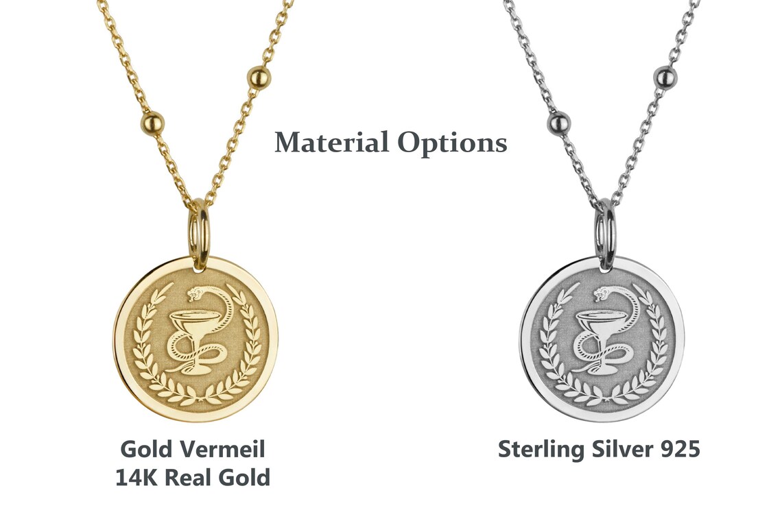 14K Solid Gold Pharmacy Symbol Necklace, Bowl of Hygeia Pendant ...