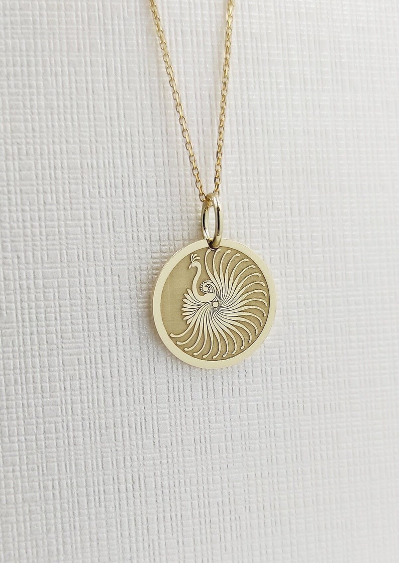 14K Solid Gold Peacock Necklace, Gold Coin Peacock Bird Pendant ...
