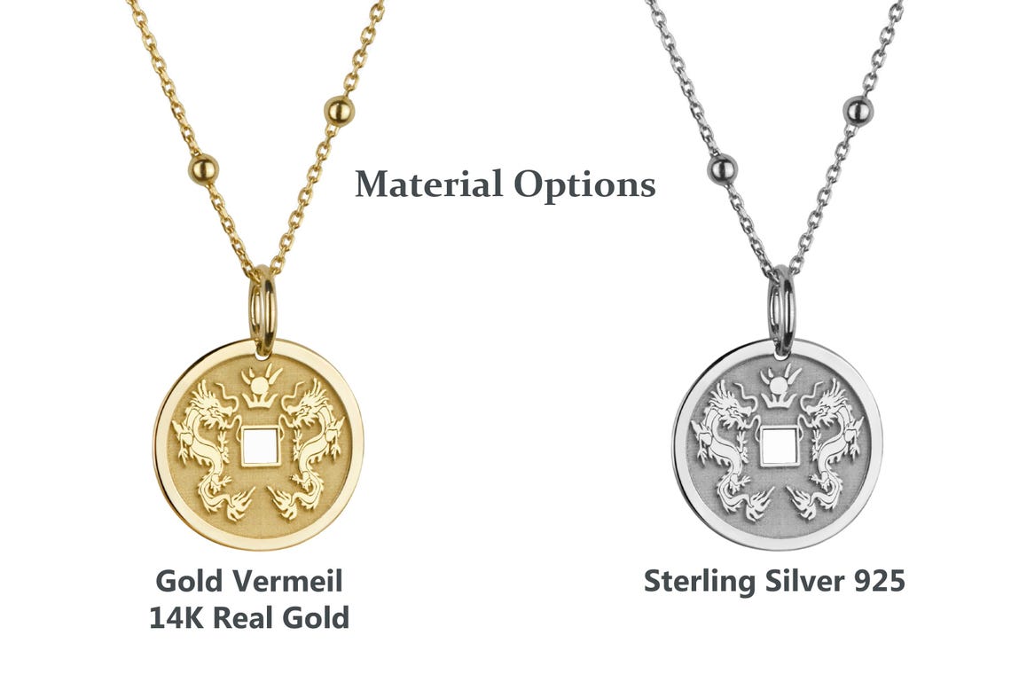 14K Solid Gold Chinese Dragon Coin Necklace, Double Dragon Coin ...