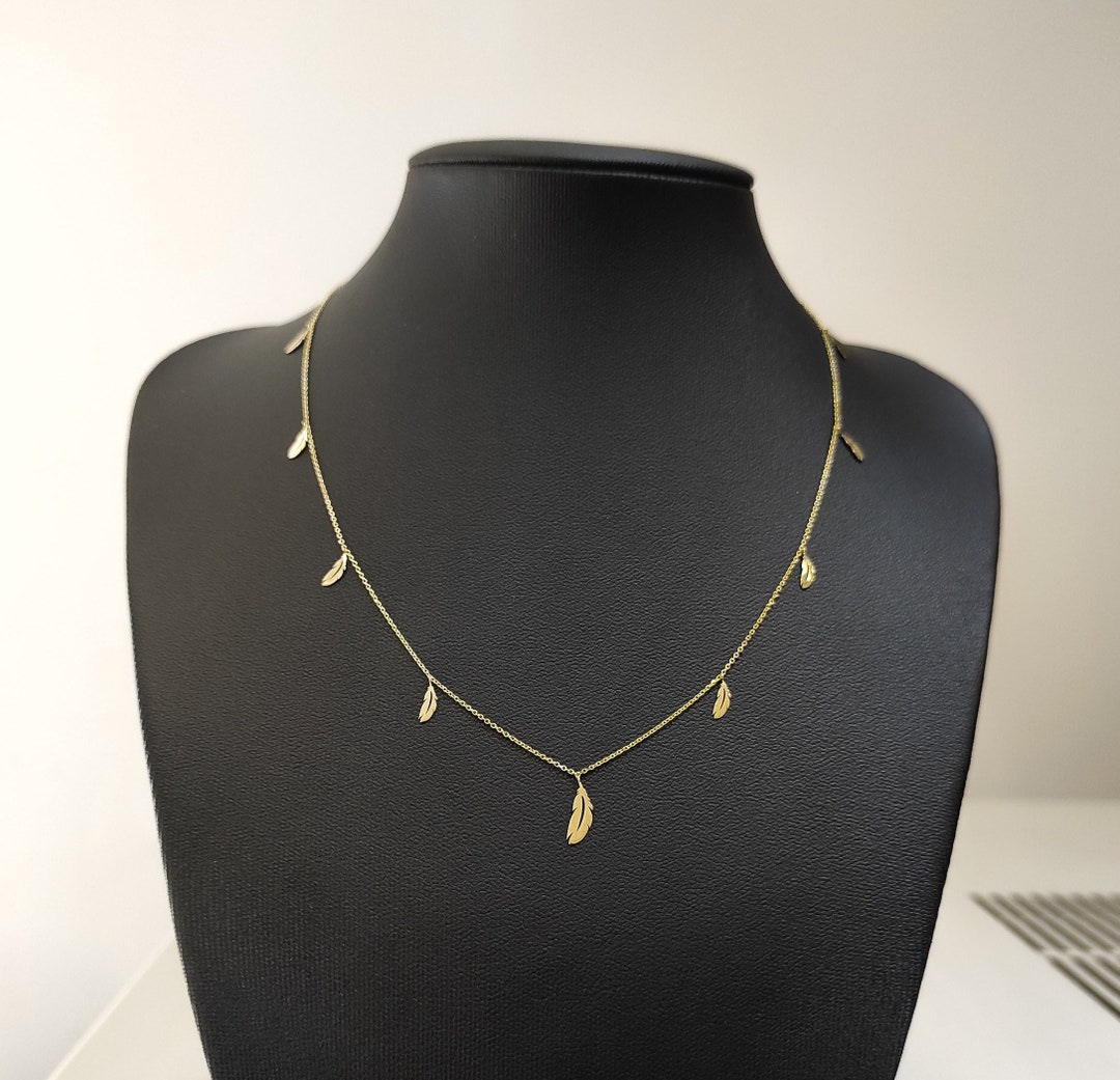 14K Solid Gold Feather Choker Necklace, Gold Feather Necklace, Feather ...