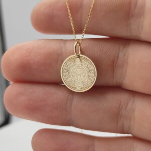 14K Solid Gold Aztec Calendar Disc Necklace, Gold Mayan Sun Calendar ...