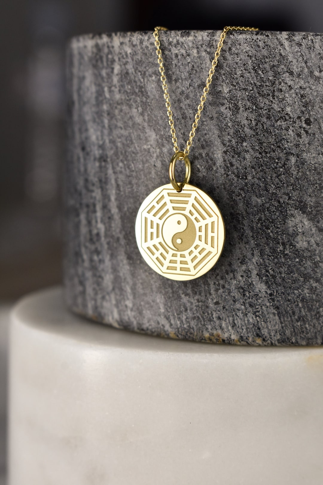 14K Gold Yin Yang I Ching Necklace, Trigram Yin Yang Pendant, Bagua ...