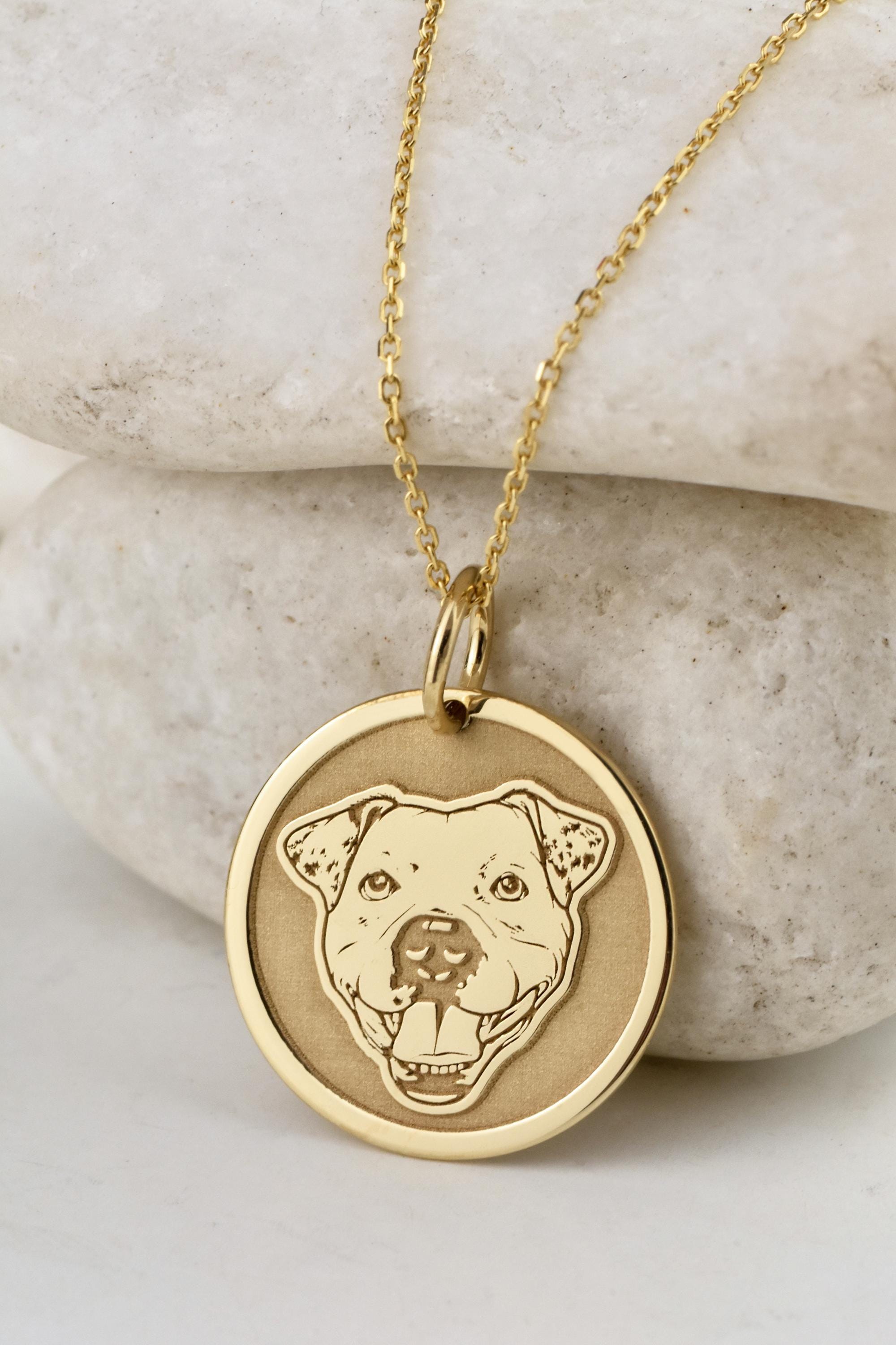 14K Solid Gold Custom Dog Photo Necklace, Engraved Pet Face Pendant ...