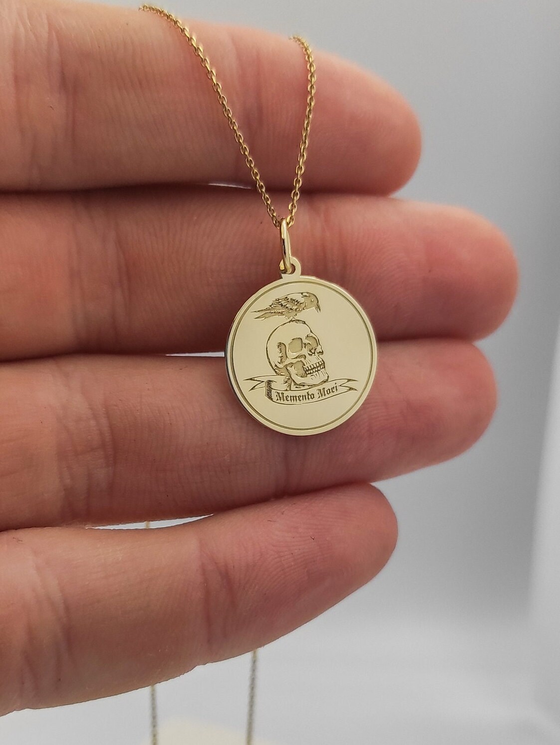 14K Solid Gold Memento Mori Pendant, Stoicism Gold Disc Necklace ...