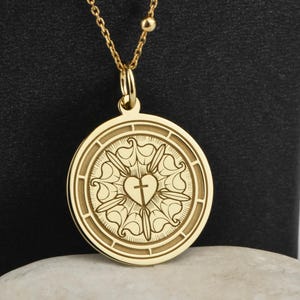 14K Solid Gold Luther Rose Necklace, Lutheran Cross Pendant ...