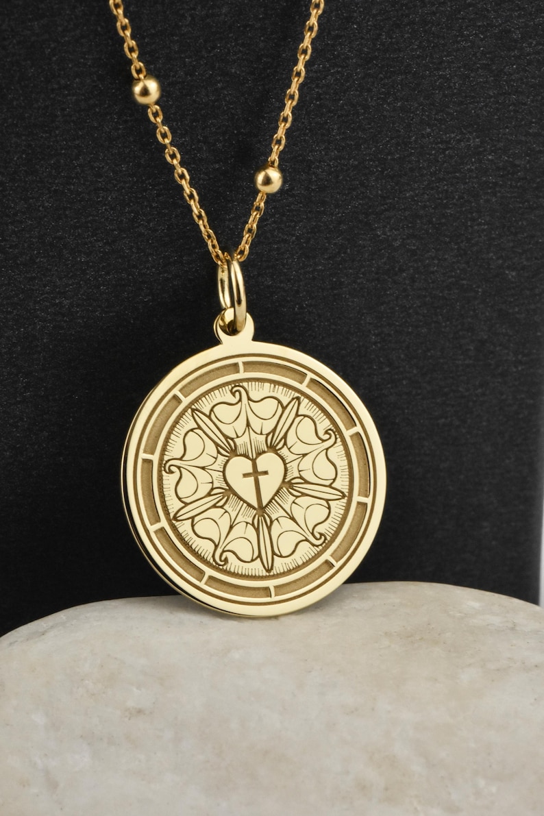 14K Solid Gold Luther Rose Necklace, Lutheran Cross Pendant ...
