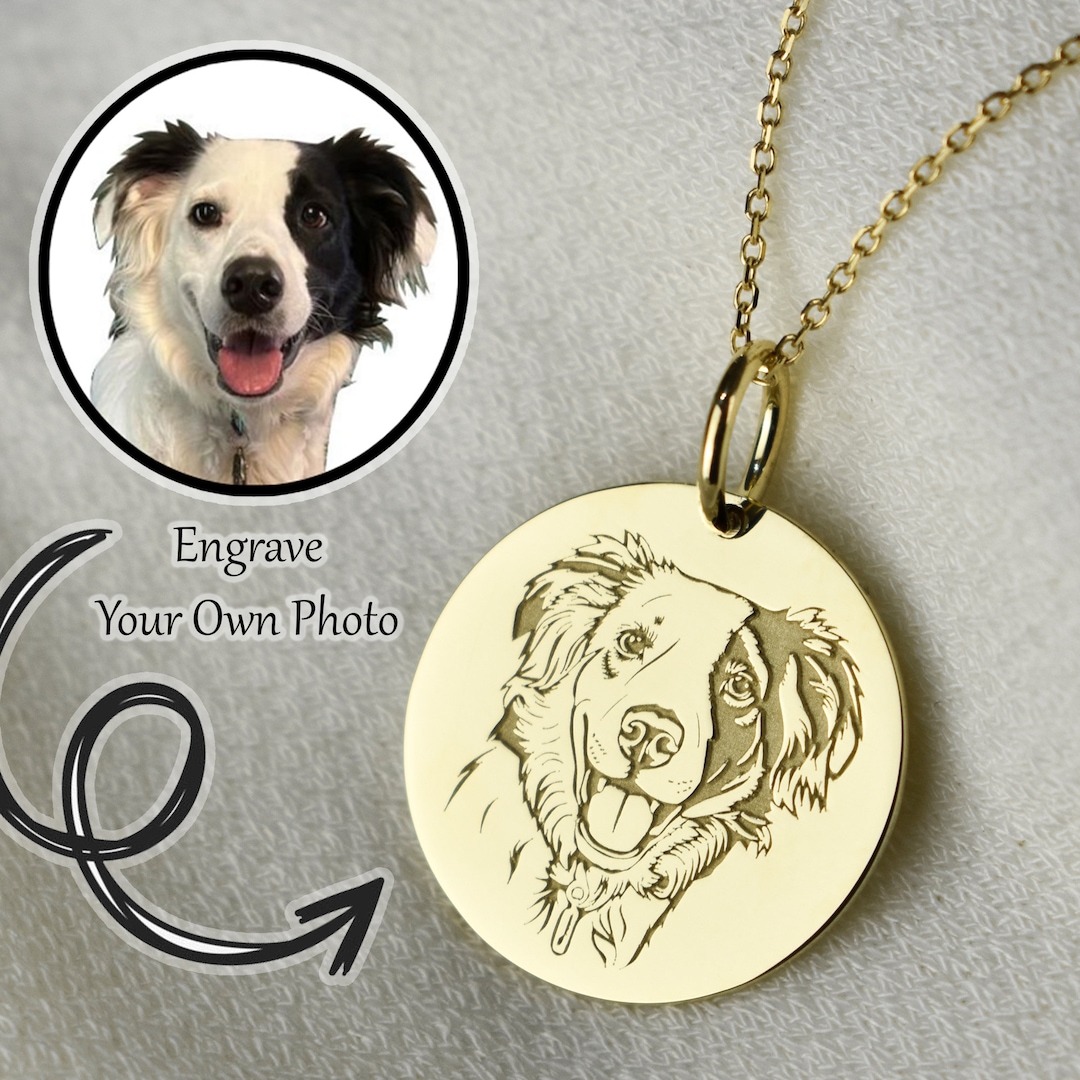 Custom Pet Photo Necklace, 14K Gold Personalized Pet Portrait Pendant ...
