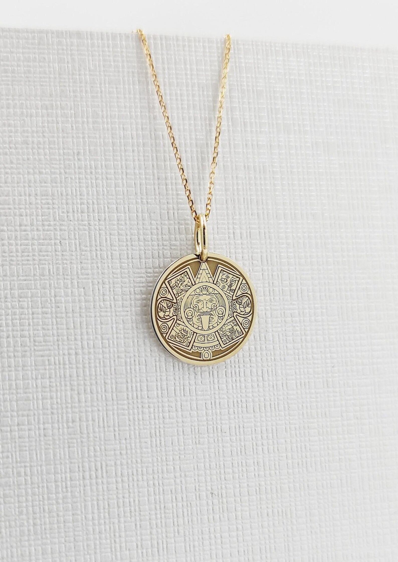 14K Solid Gold Aztec Calendar Disc Necklace, Gold Mayan Sun Calendar ...