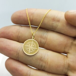 14K Solid Gold Compass Necklace, Personalized Compass Charm, Traveler ...
