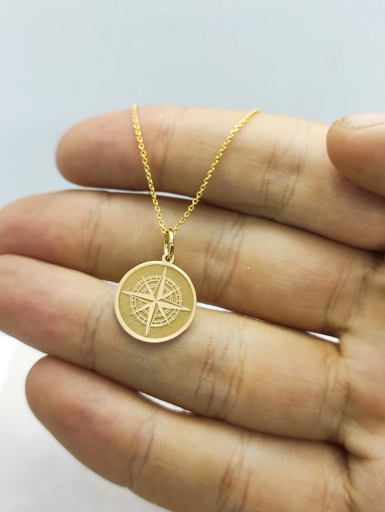 14K Solid Gold Compass Necklace, Personalized Compass Charm, Traveler ...