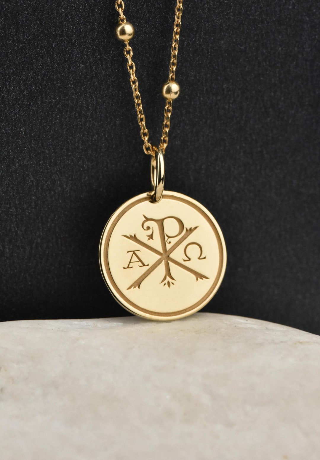 14K Gold Chi Rho Necklace, Alpha Omega Pendant, Personalized Christian ...