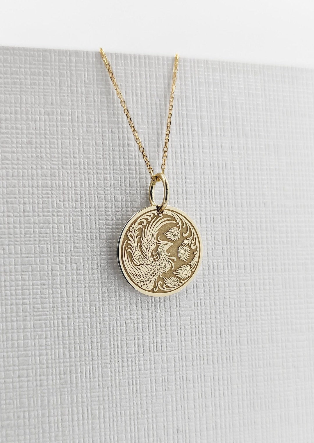 14K Solid Gold Phoenix Necklace, Gold Coin Mythology Bird Pendant ...