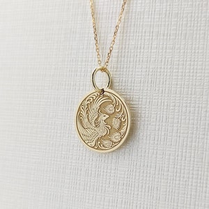 14K Solid Gold Phoenix Necklace, Gold Coin Mythology Bird Pendant ...