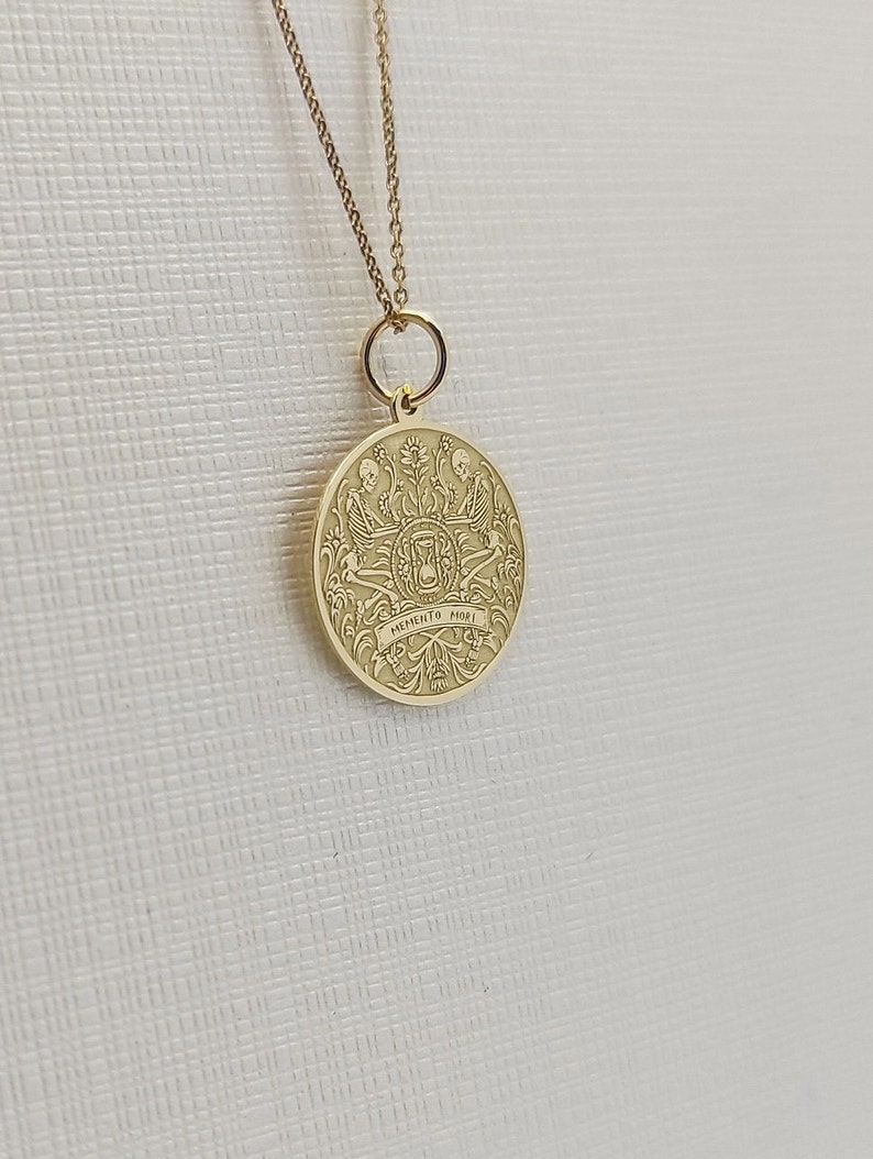 14K Solid Gold Memento Mori Necklace, Gold Coin Skull Pendant ...