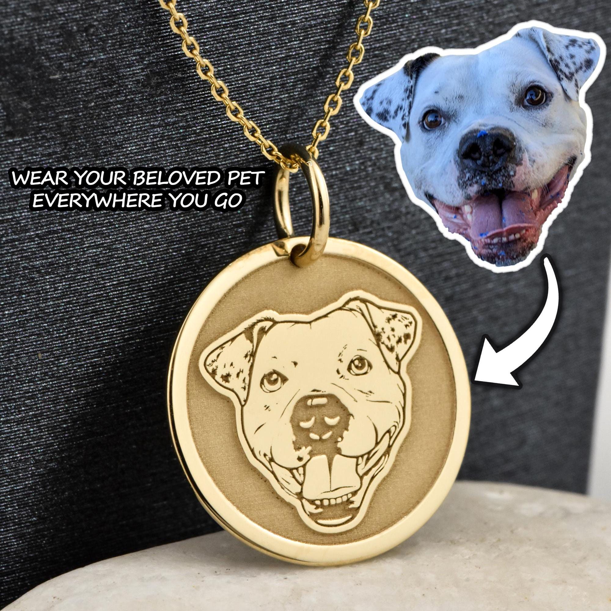 14K Solid Gold Custom Dog Photo Necklace, Engraved Pet Face Pendant ...
