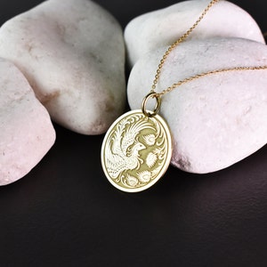 14K Solid Gold Phoenix Necklace, Gold Coin Mythology Bird Pendant ...