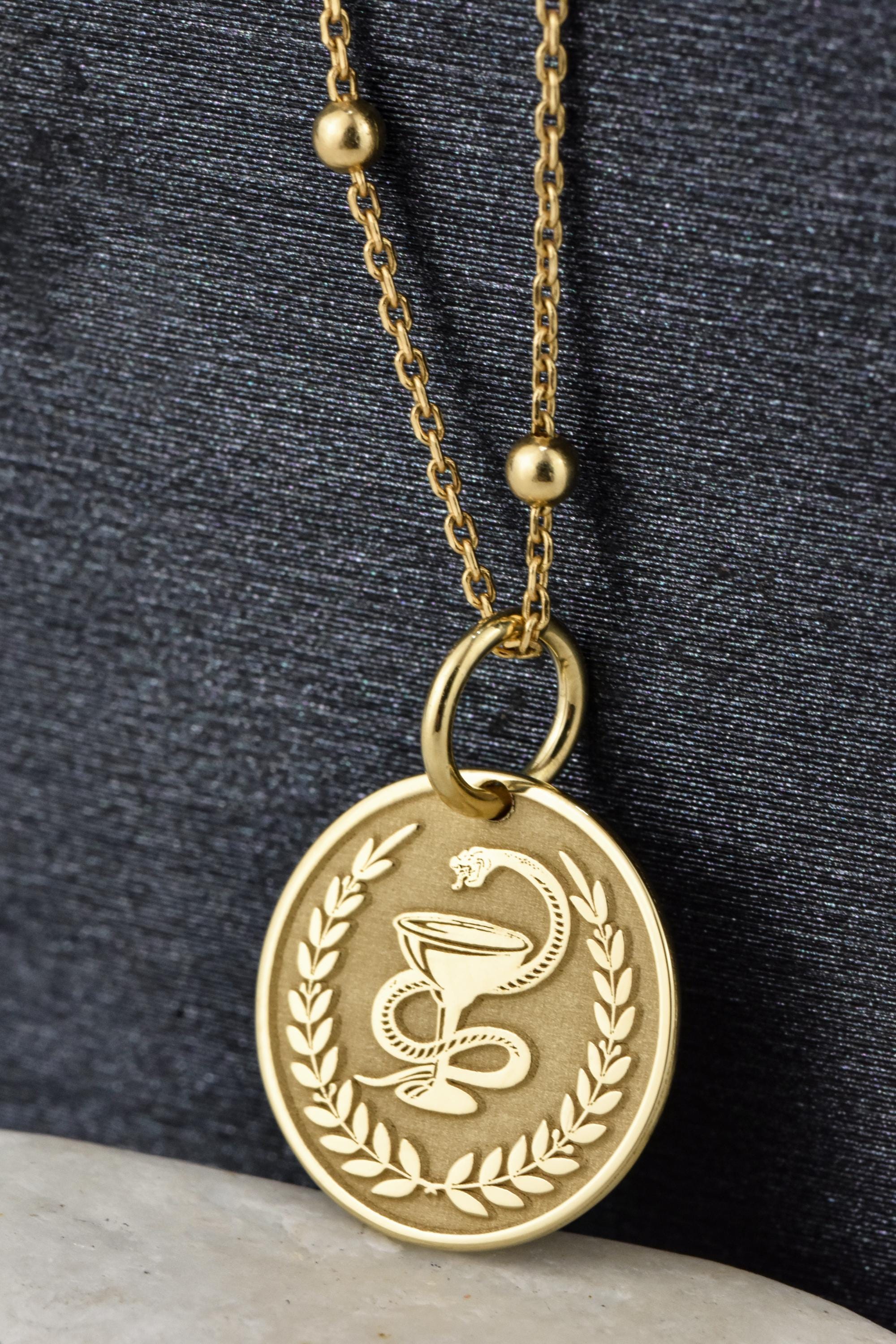 14K Solid Gold Pharmacy Symbol Necklace, Bowl of Hygeia Pendant ...