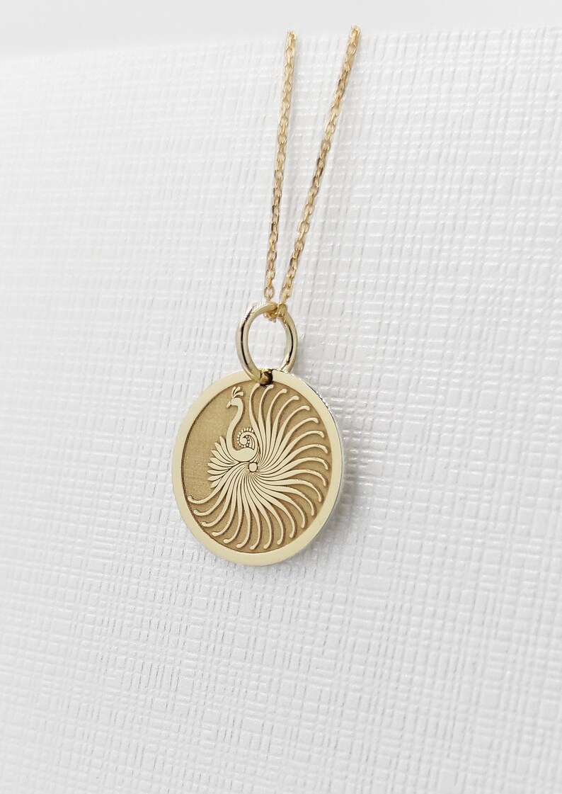 14K Solid Gold Peacock Necklace, Gold Coin Peacock Bird Pendant ...