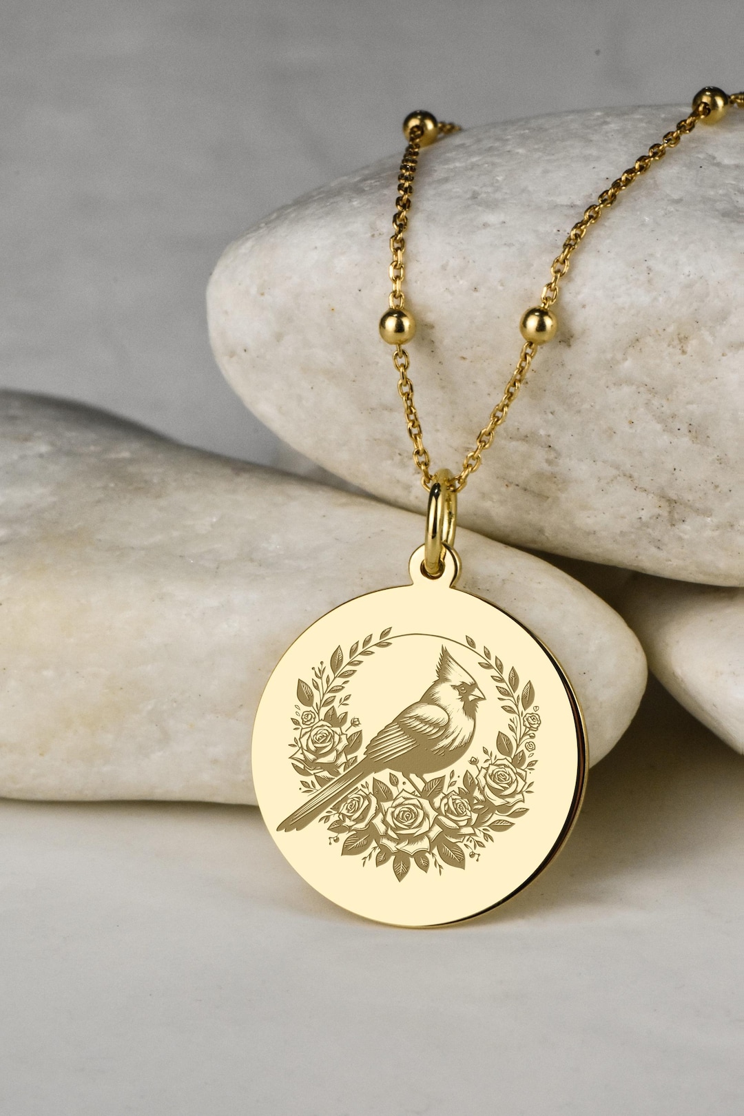 14K Gold Cardinal Necklace, Custom Devotion Pendant, Floral Animal Coin ...