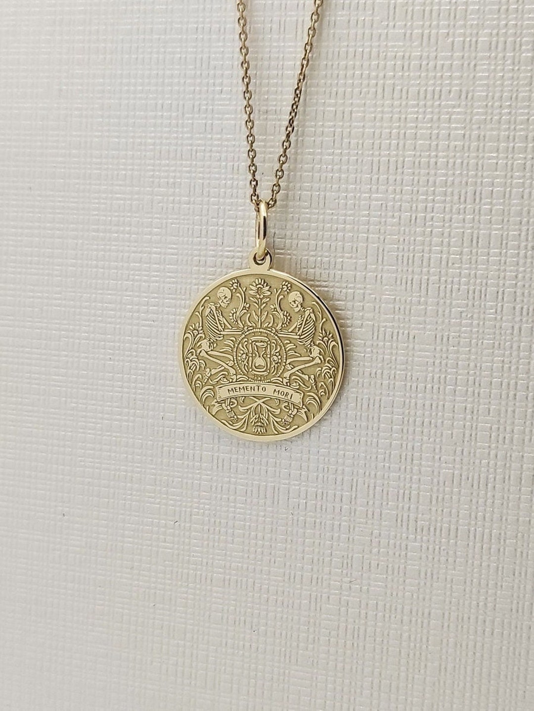 14K Solid Gold Memento Mori Necklace, Gold Coin Skull Pendant ...
