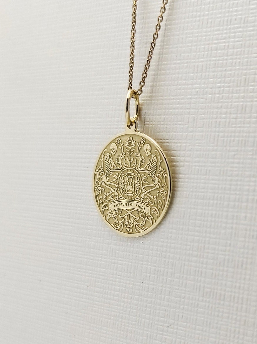 14K Solid Gold Memento Mori Necklace, Gold Coin Skull Pendant ...