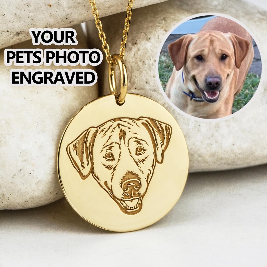 Engraved Dog Photo Necklace, 14K Solid Gold Pet Portrait Pendant ...