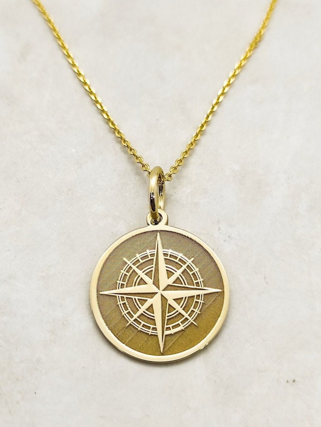 14K Solid Gold Compass Necklace, Personalized Compass Charm, Traveler ...