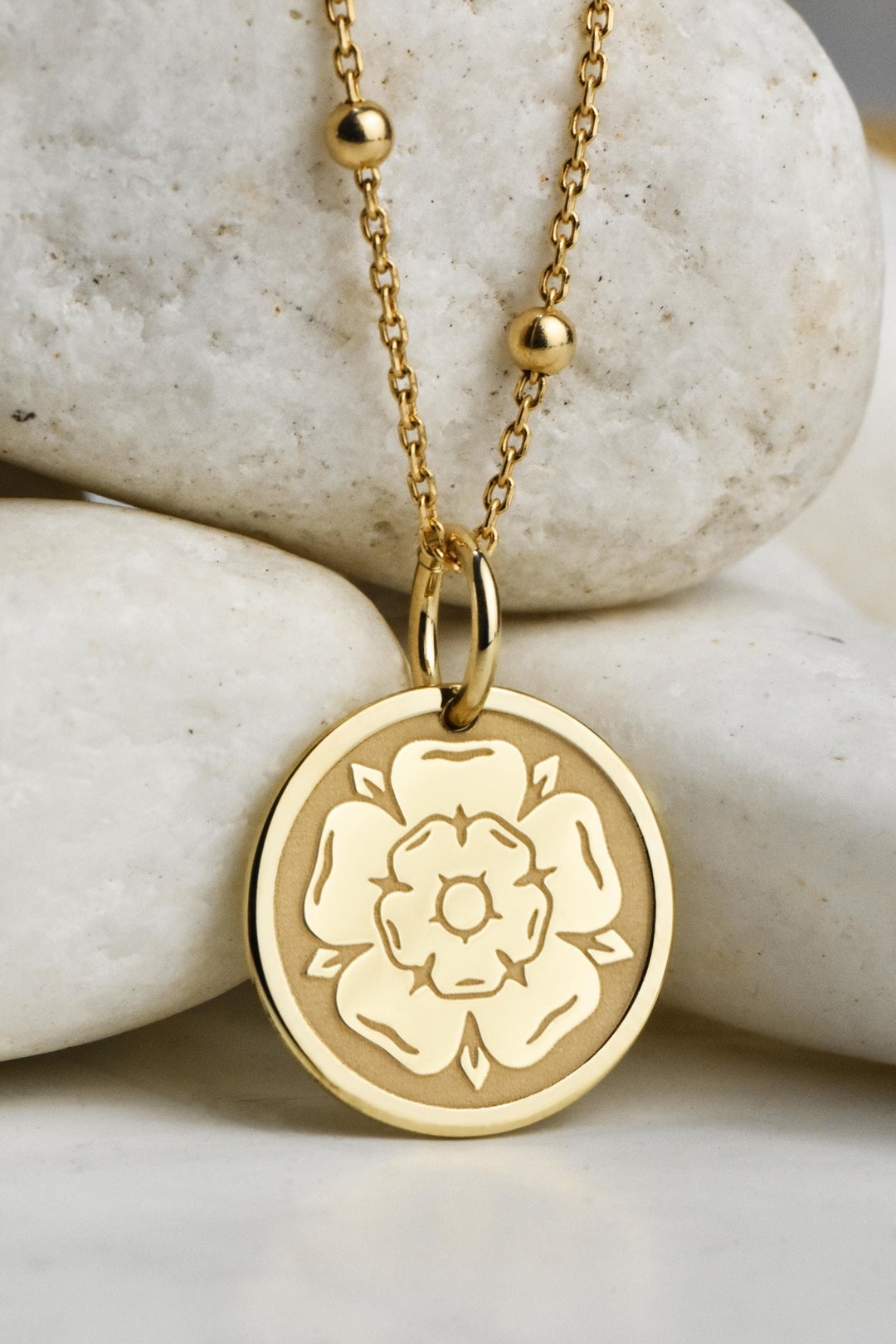 14K Gold Yorkshire Rose Necklace, Yorkshire Flower Pendant, Floral ...