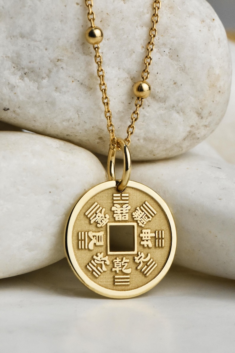 14K Solid Gold Chinese Coin Necklace, Personalized Lucky Charm, Feng ...