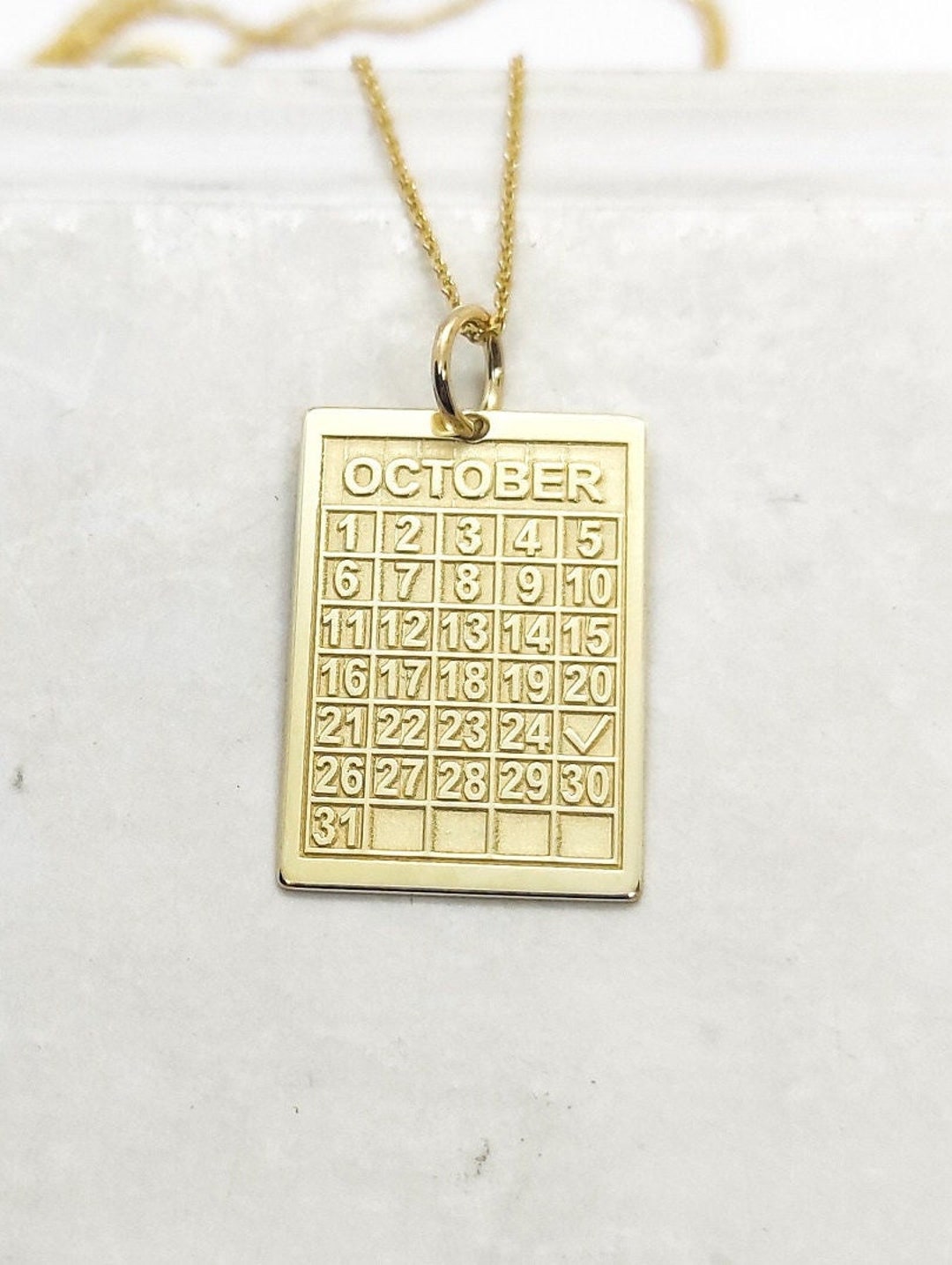 14K Real Gold Calendar Pendant, Personalized Birthday Necklace, Wedding ...