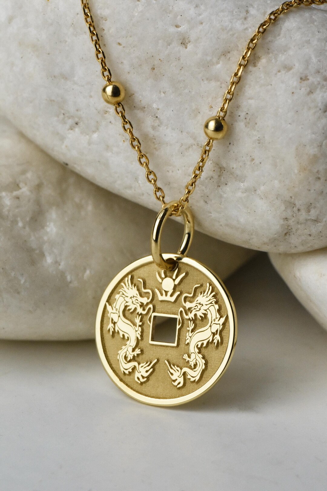 14K Solid Gold Chinese Dragon Coin Necklace, Double Dragon Coin ...
