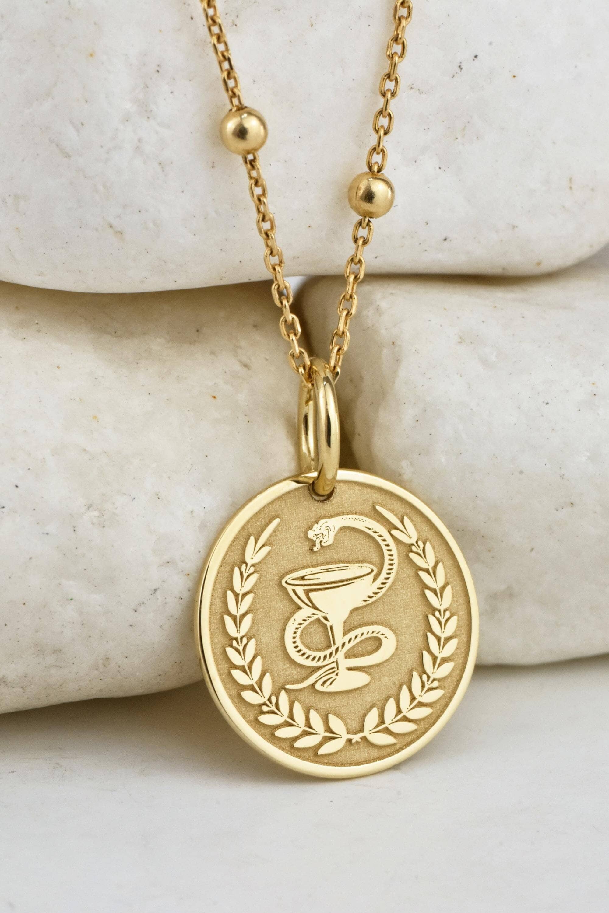 14K Solid Gold Pharmacy Symbol Necklace, Bowl of Hygeia Pendant ...