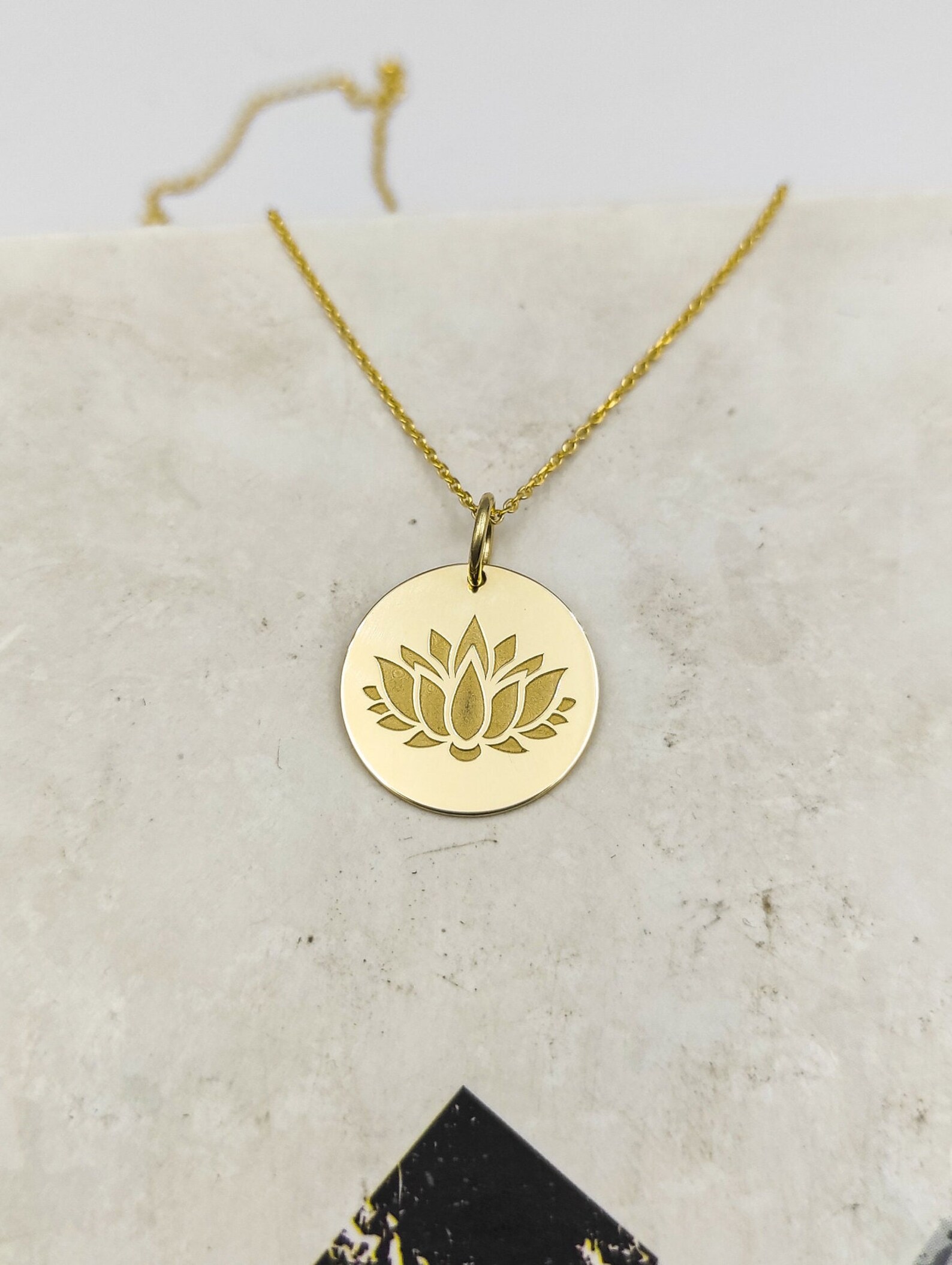 14K Solid Gold Lotus Flower Necklace, Gold Coin Flower Pendant ...