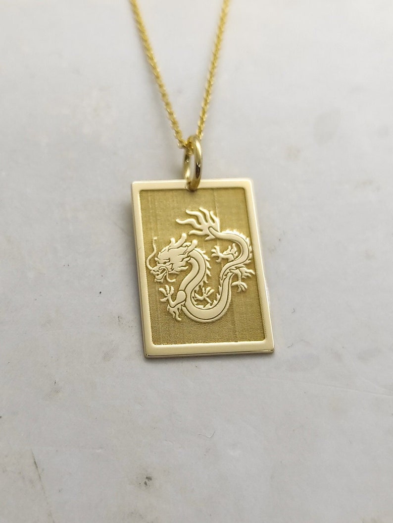 14K Gold Chinese Dragon Tarot Card Pendant, Gold Square Dragon Necklace ...