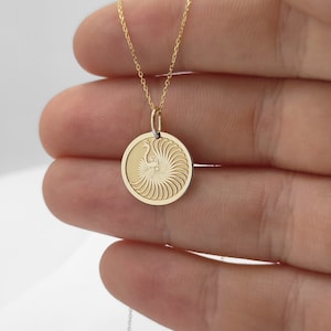 14K Solid Gold Peacock Necklace, Gold Coin Peacock Bird Pendant ...
