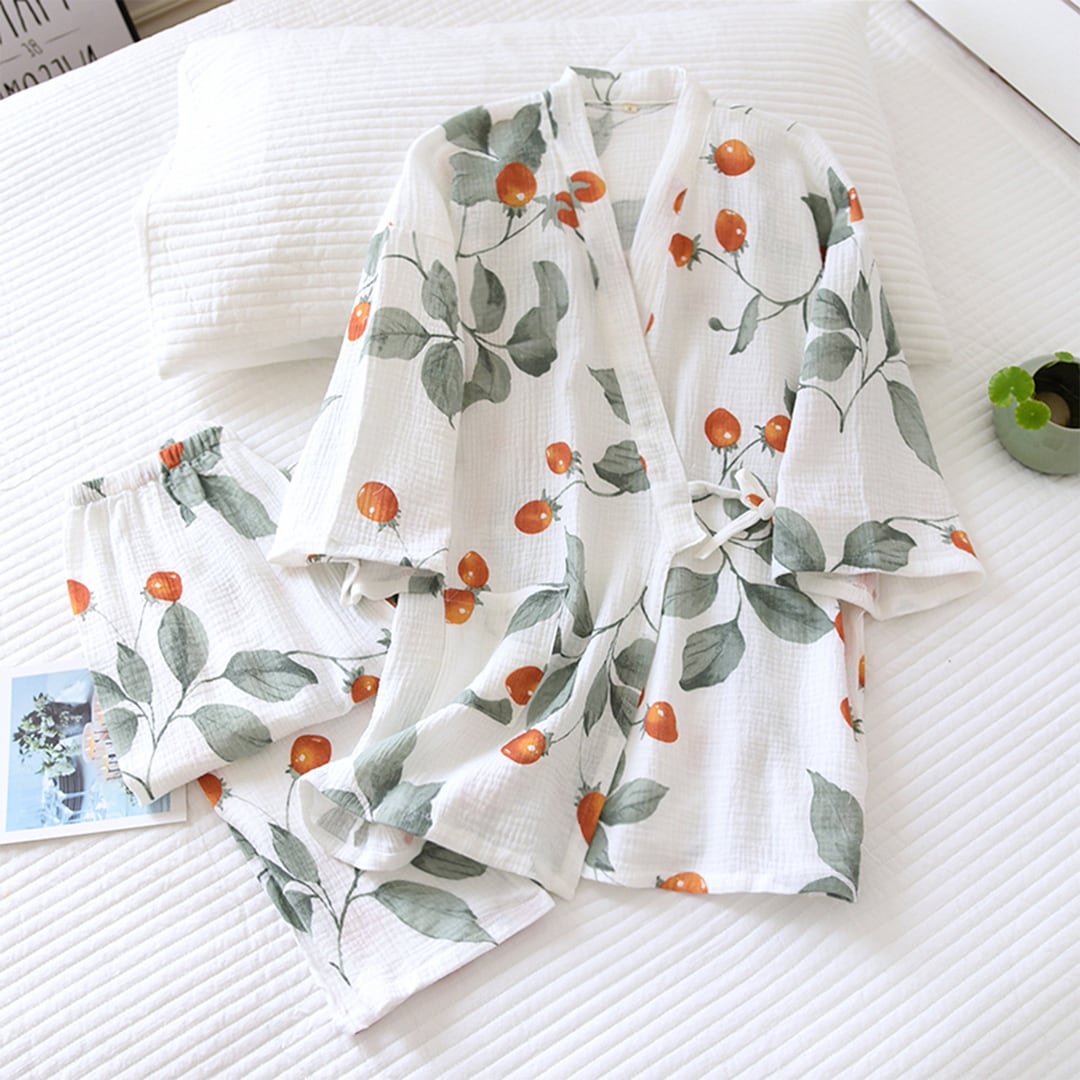 Organic Cotton Gauze Pajama Set, Women Kimono Pajamas, Summer Printed ...