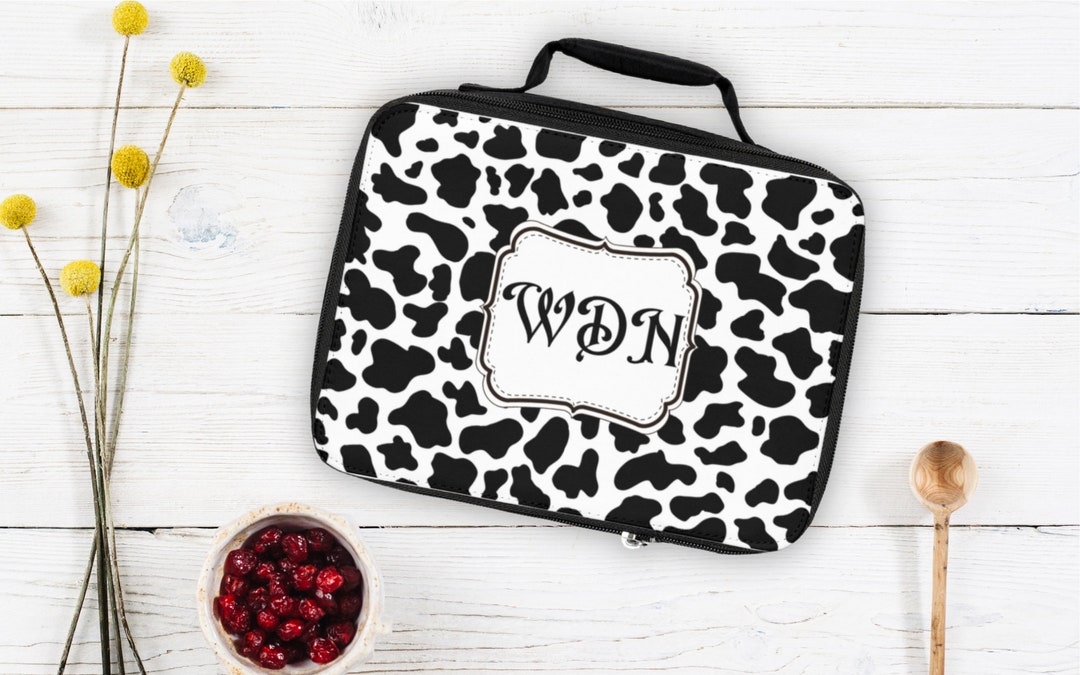 Cow Print Lunch Bag, Personalized Cow Lunch Bag, Black Strawberry Cow ...