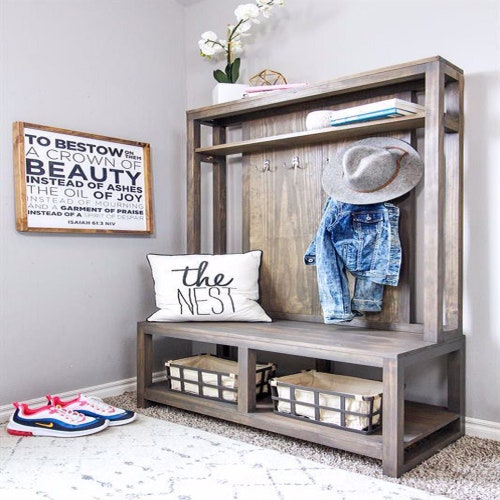 DIY Modern Hall Tree Bench Coat Rack Woodworking Cabinet - Etsy