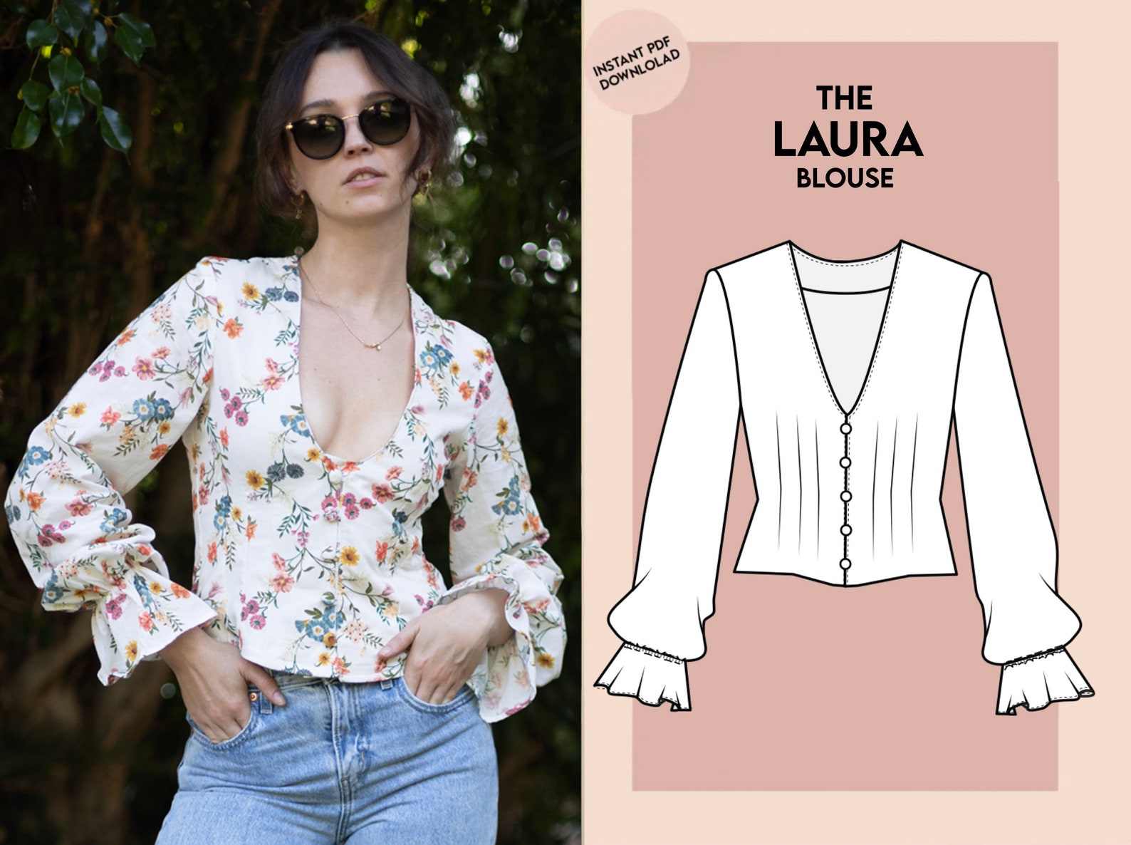 Button up Bell Sleeve Blouse Sewing Pattern Instant PDF Download - Etsy