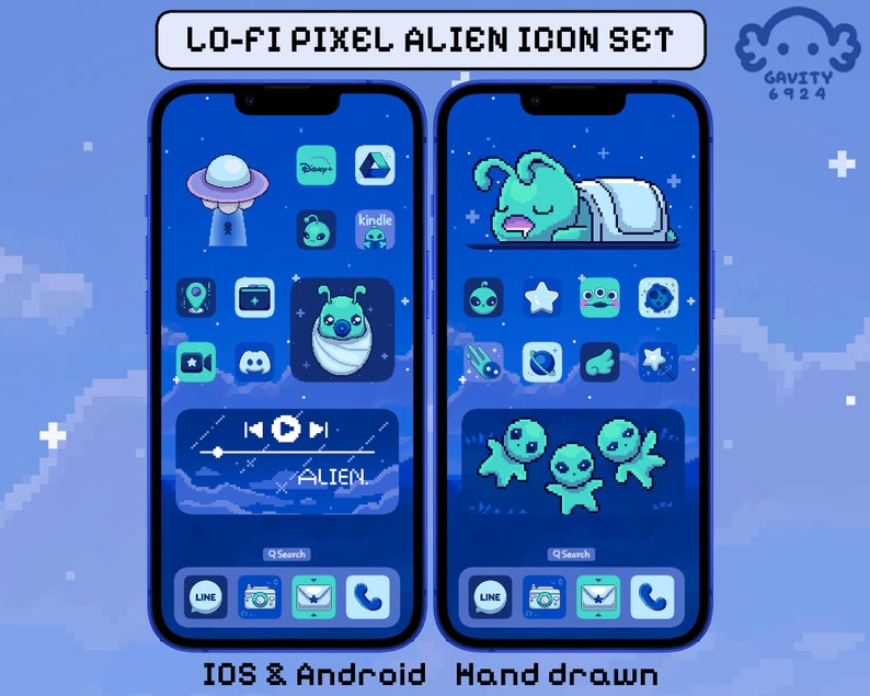 Alien Lo-fi Pixel App Icon Set: Kawaii Phone Theme and Widgets (ios ...