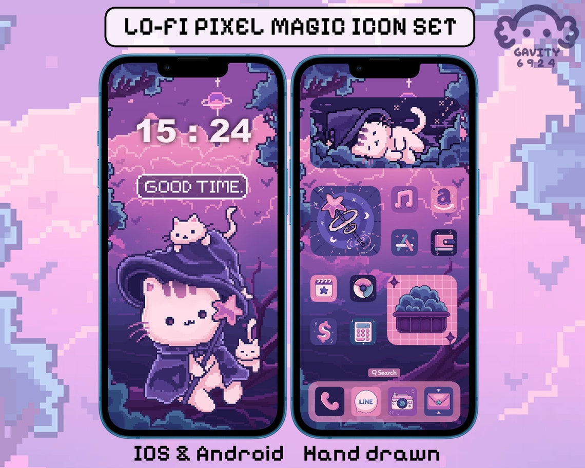 Cat Magic Lo-fi Pixel App Icon Set: Kawaii Phone Theme and Widgets (ios ...