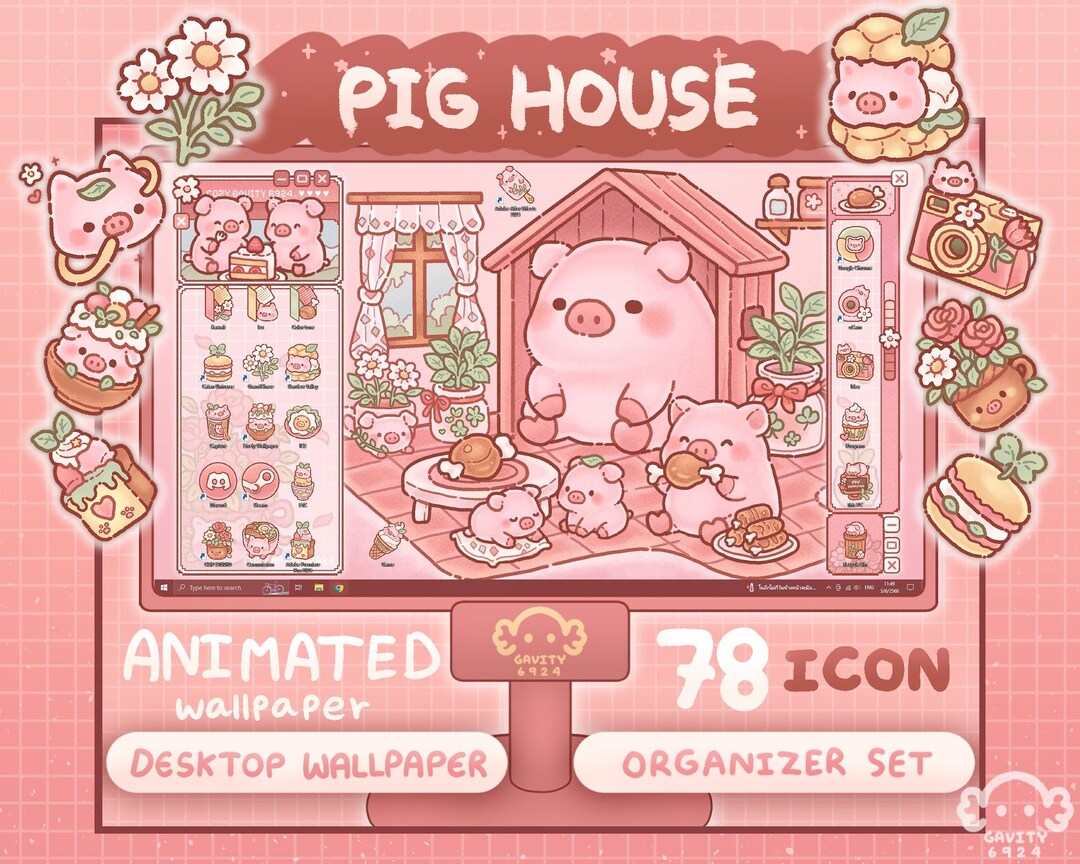 Windows/mac Pig Pink House Desktop Wallpaper Organizer Set – Sweet ...