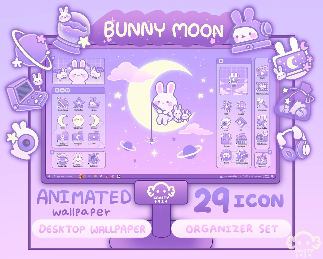 Windows/mac Bunny Moon Desktop Wallpaper Organizer Set: Animated Folder ...