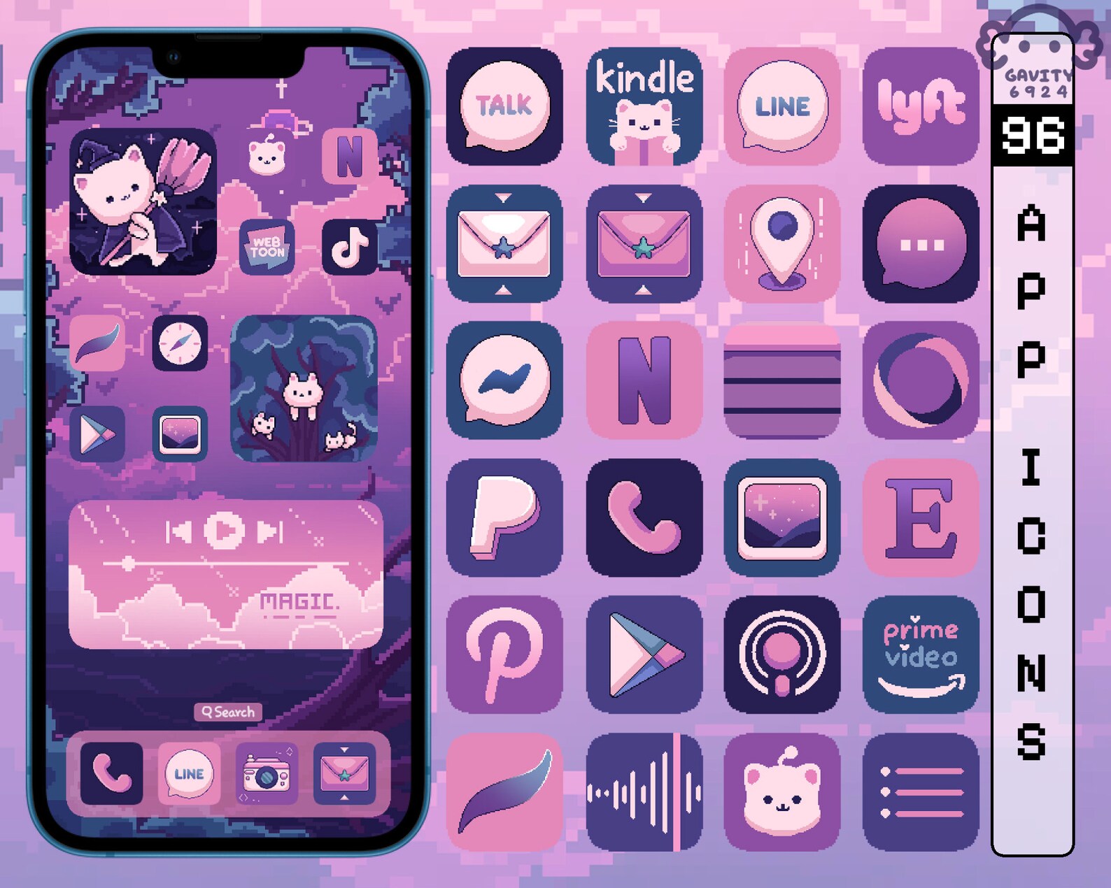 Cat Magic Lo-fi Pixel App Icon Set: Kawaii Phone Theme and Widgets (ios ...